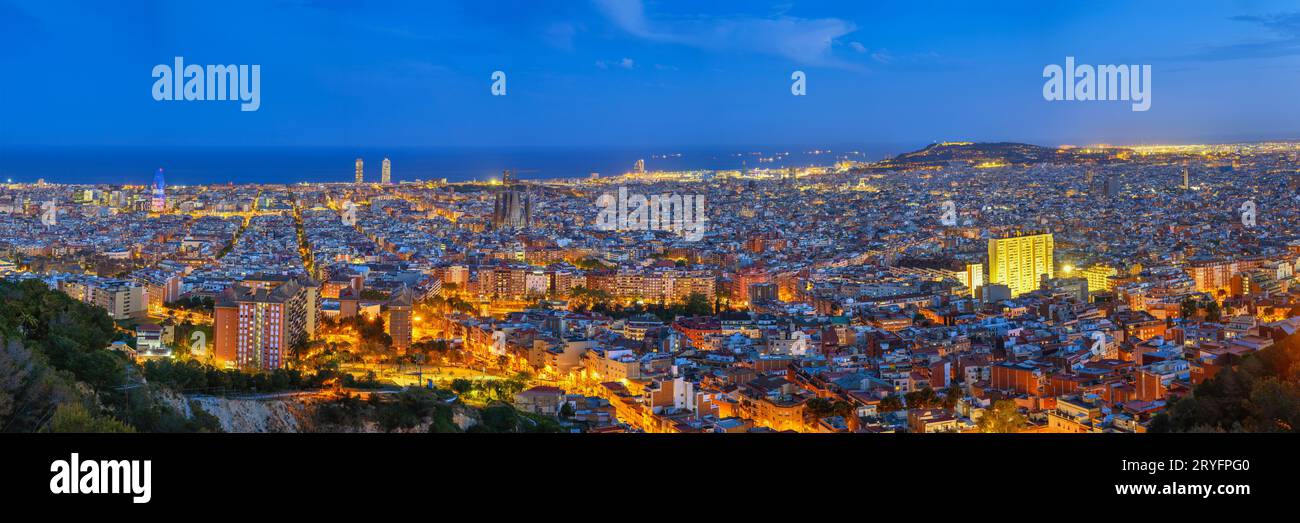 Barcelona Spain, high angle view night panorama city skyline view from ...