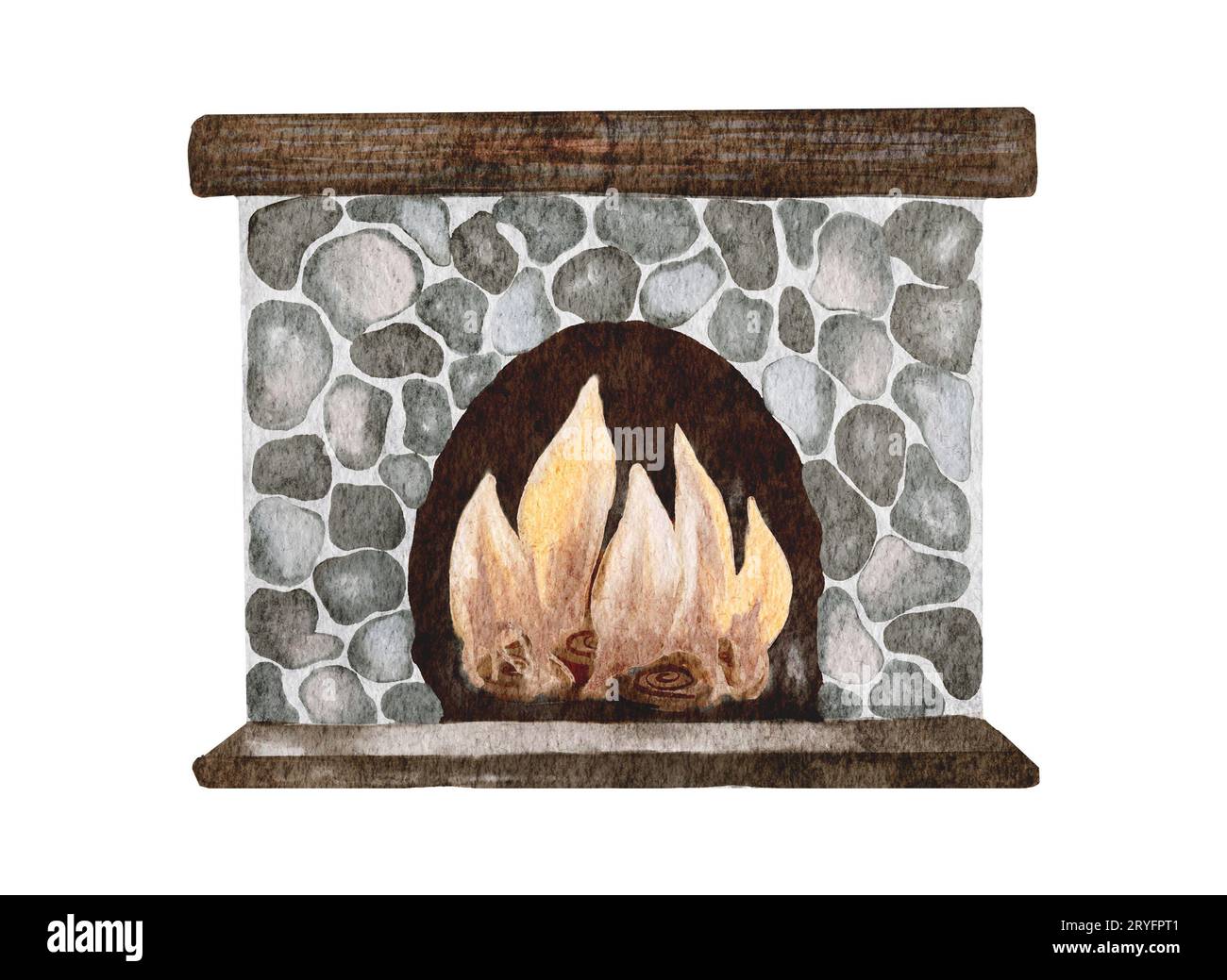 Watercolor fireplace. Hand painted holiday illustration with interior ...
