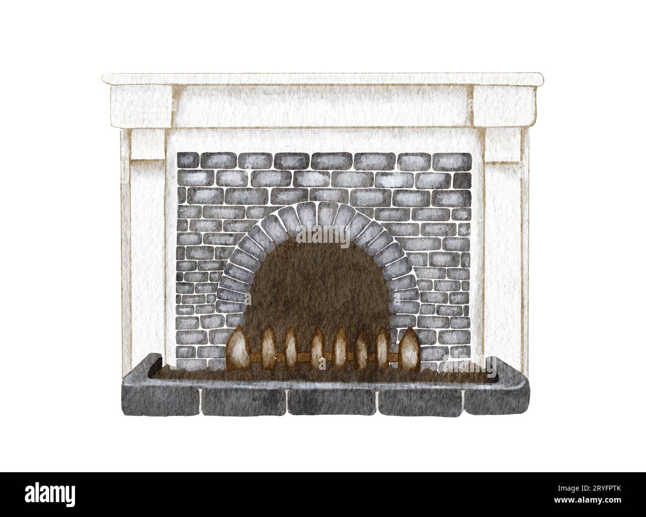 Watercolor fireplace. Hand painted holiday illustration with interior ...