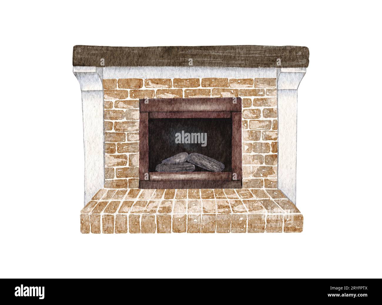 Watercolor fireplace. Hand painted holiday illustration with interior ...