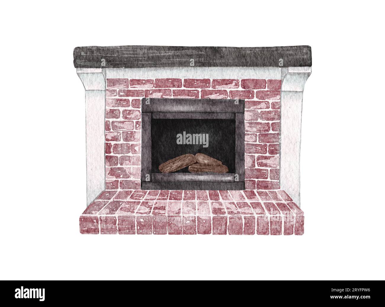 Watercolor fireplace. Hand painted holiday illustration with interior ...