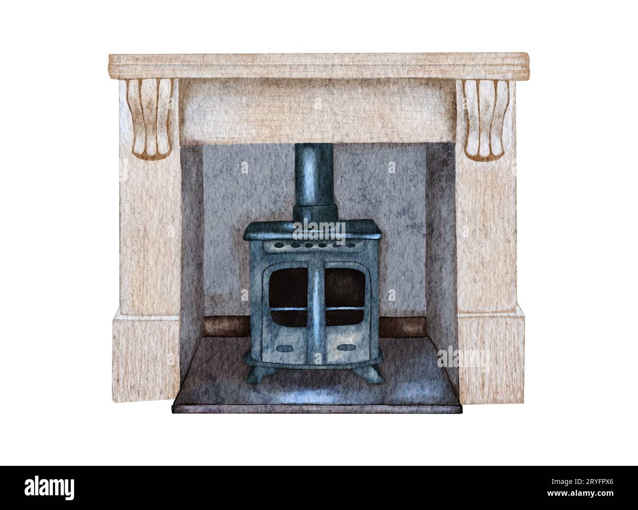 Watercolor fireplace. Hand painted holiday illustration with interior ...