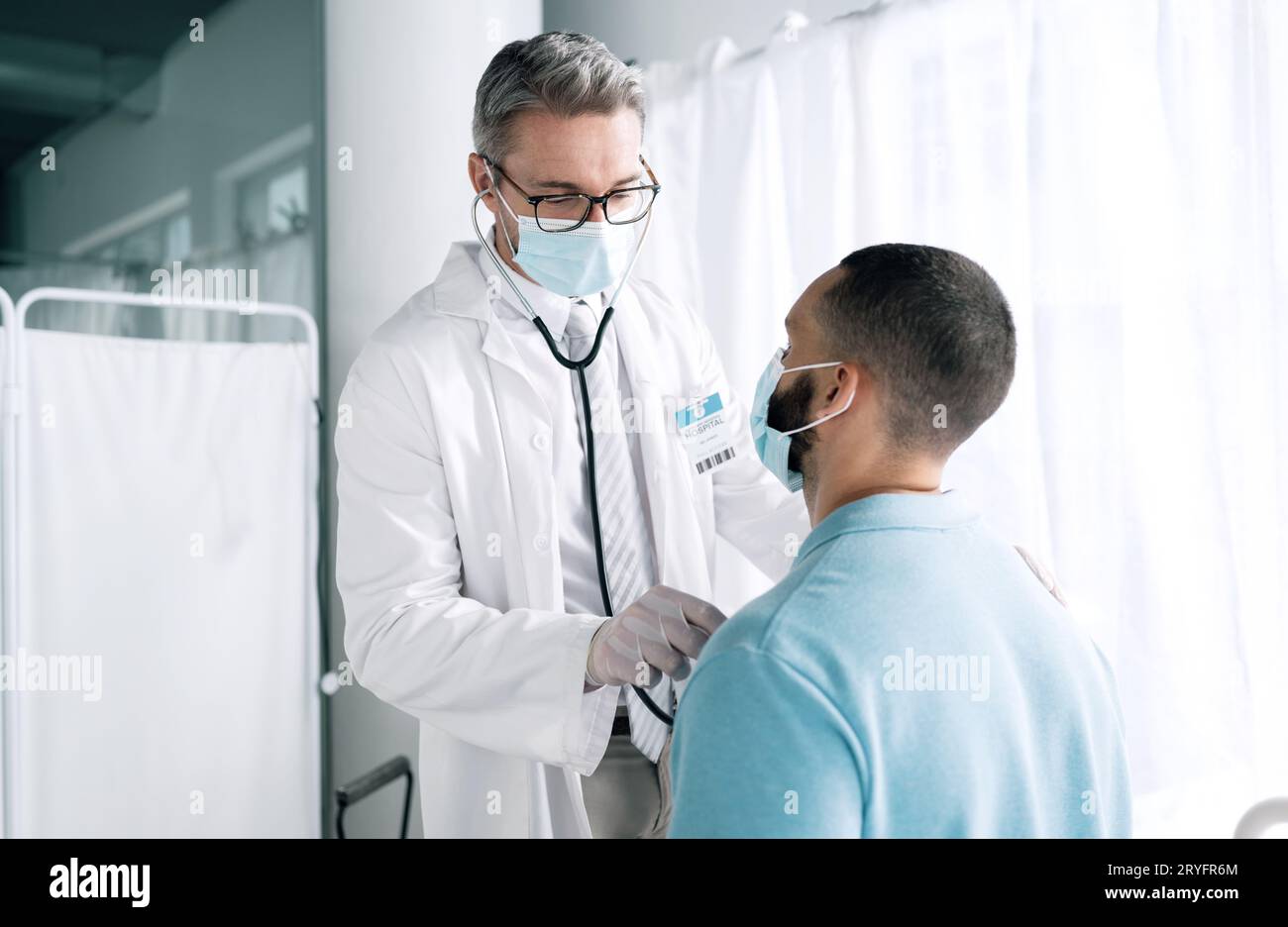 Stethoscope, people and doctor listening to heartbeat, lung assessment ...