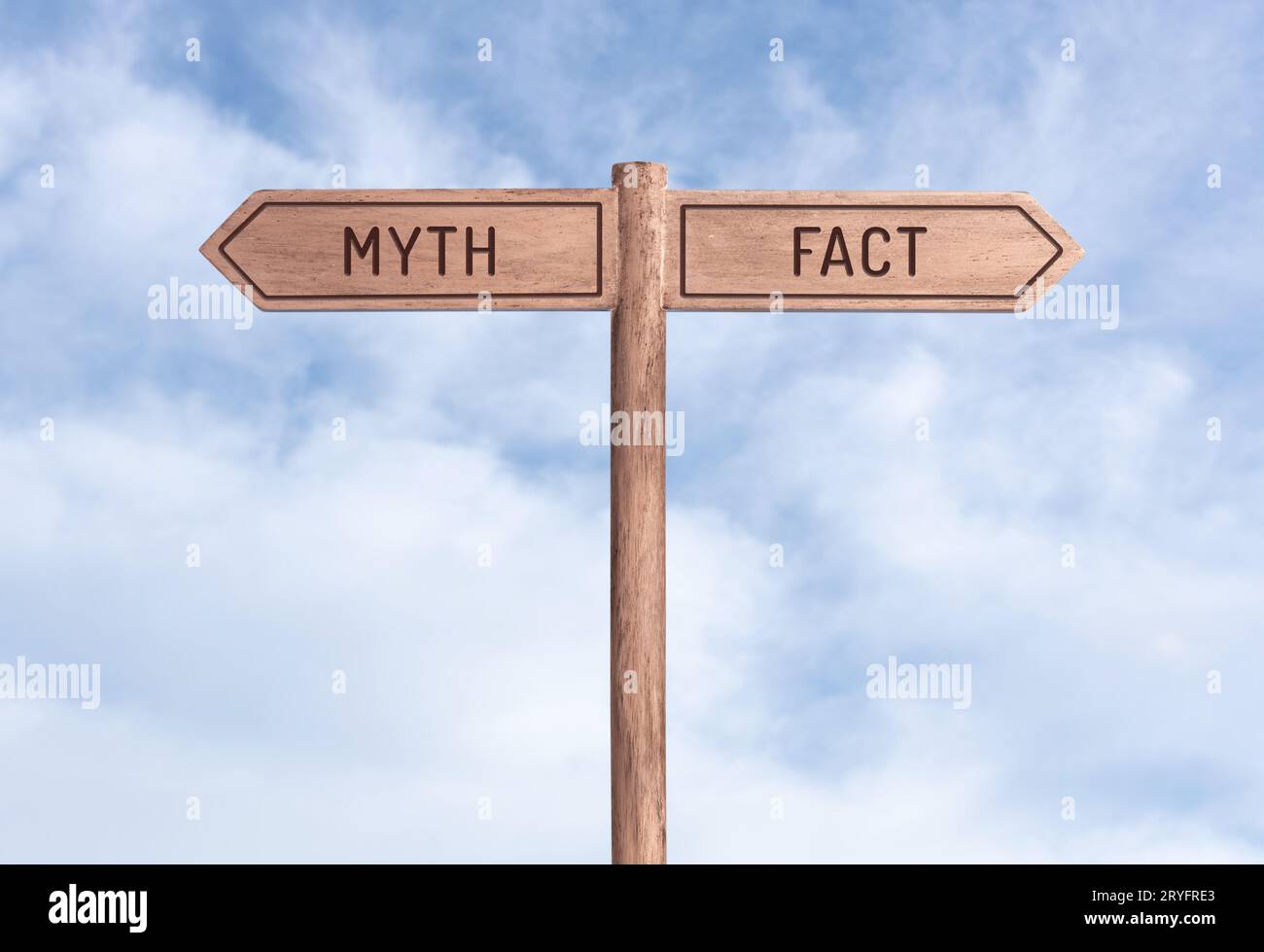 Myth or fact concept. Opposite directions on signpost with sky ...