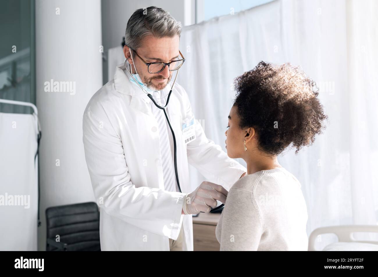 Stethoscope, people and doctor listen to patient heartbeat, breathing ...