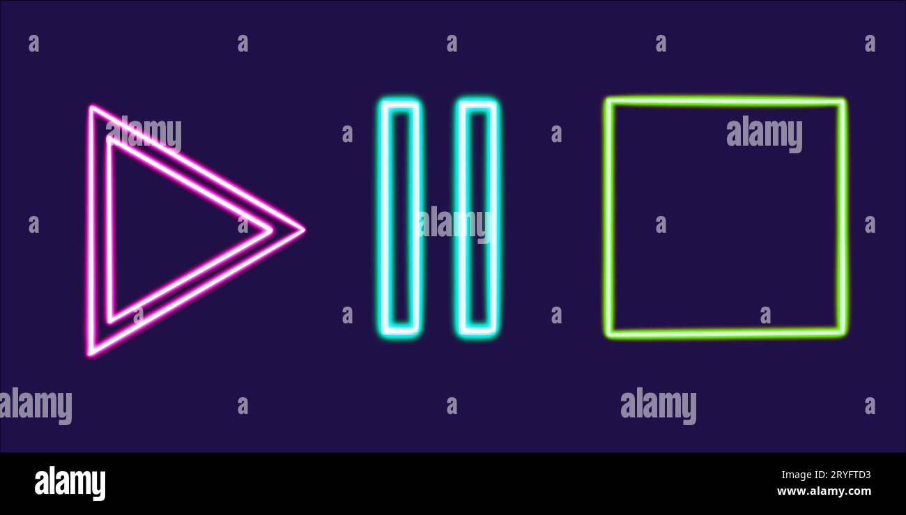 set play, stop and pause glowing desktop icon, neon sticker, neon ...