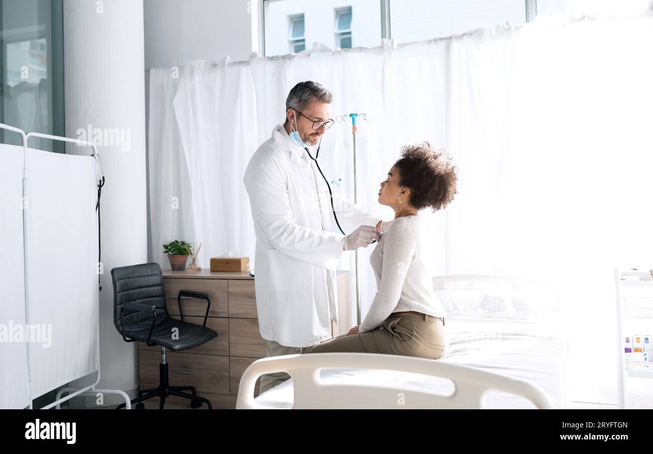 Stethoscope, people and doctor check heart, breathing or helping ...