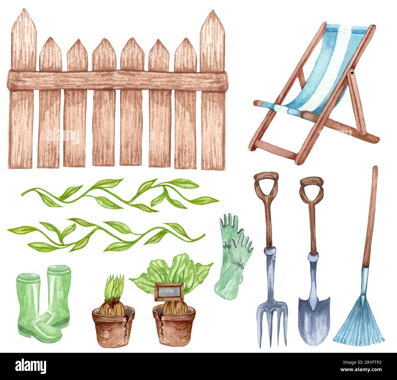 Watercolor set of garden objects rubber boots, watering can, flowerpot ...