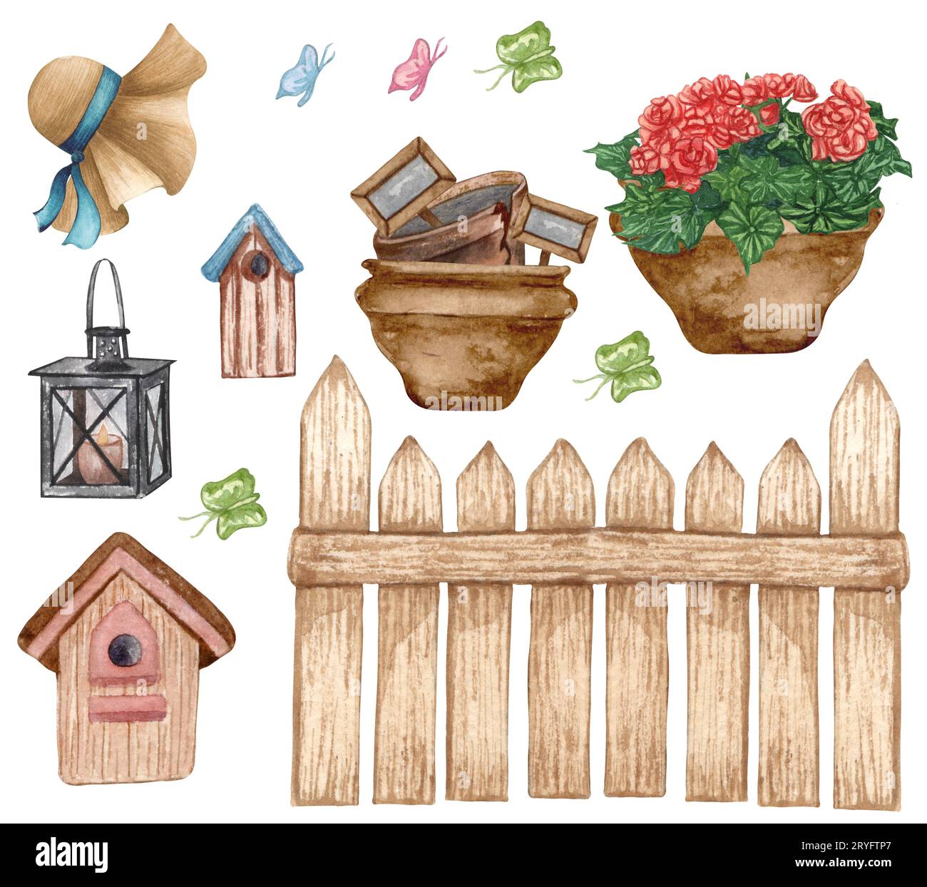 Watercolor set of garden objects birds feeder, flowerpot, cart, a hat ...