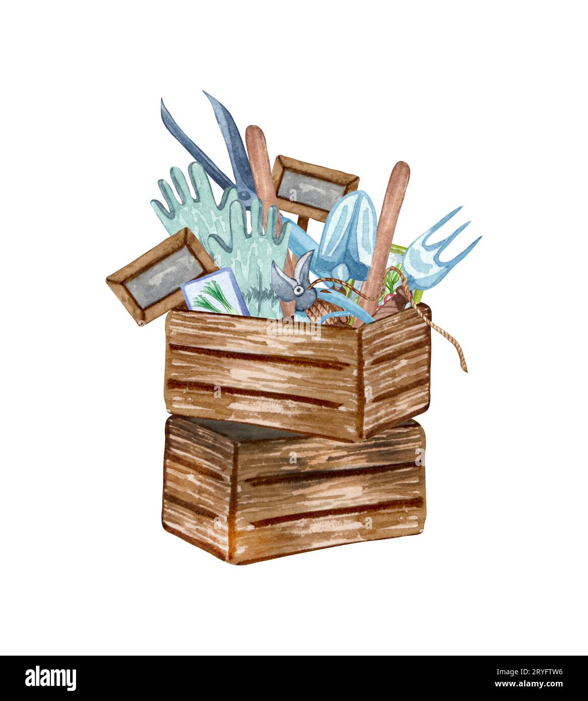 Watercolor set of garden objects. wooden box with instruments ...