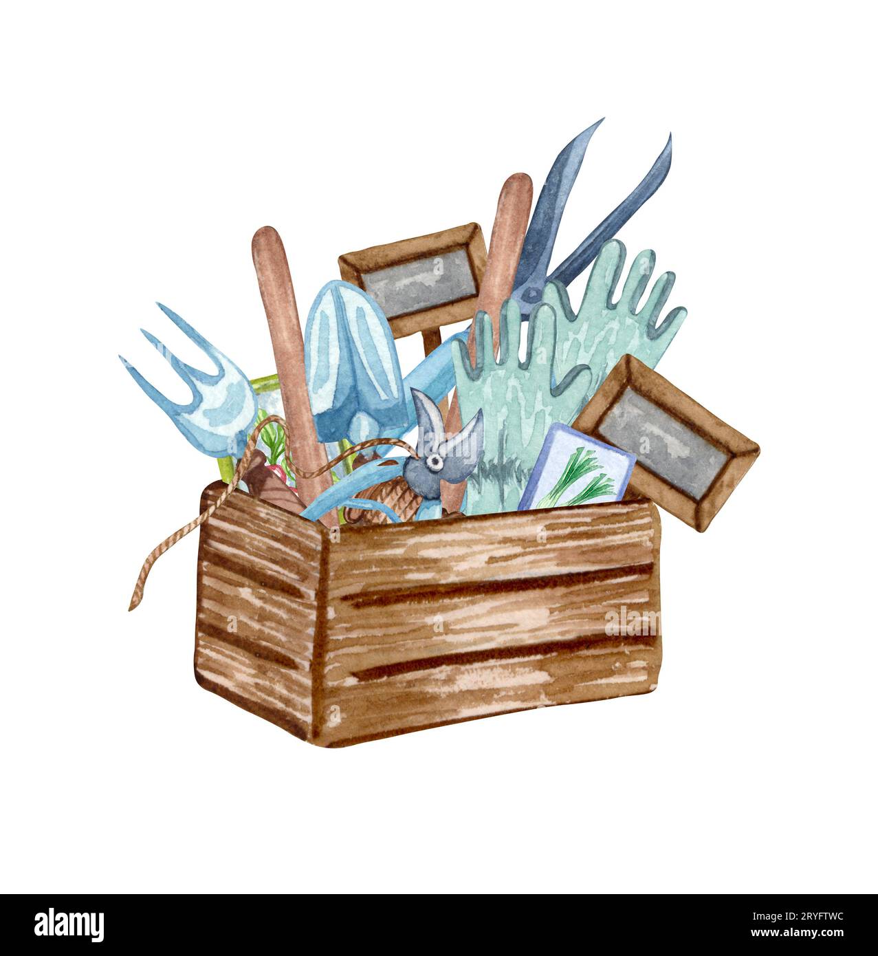 Watercolor set of garden objects. wooden box with instruments ...