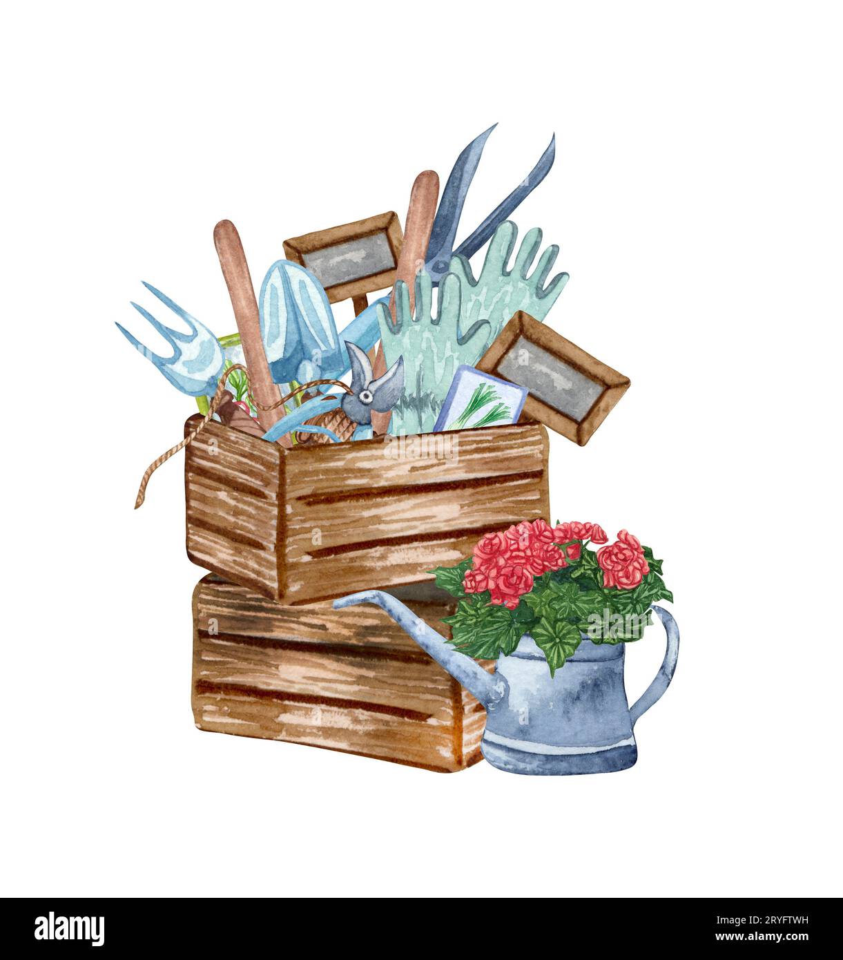 Watercolor set of garden objects wooden box, watering can with flowers ...