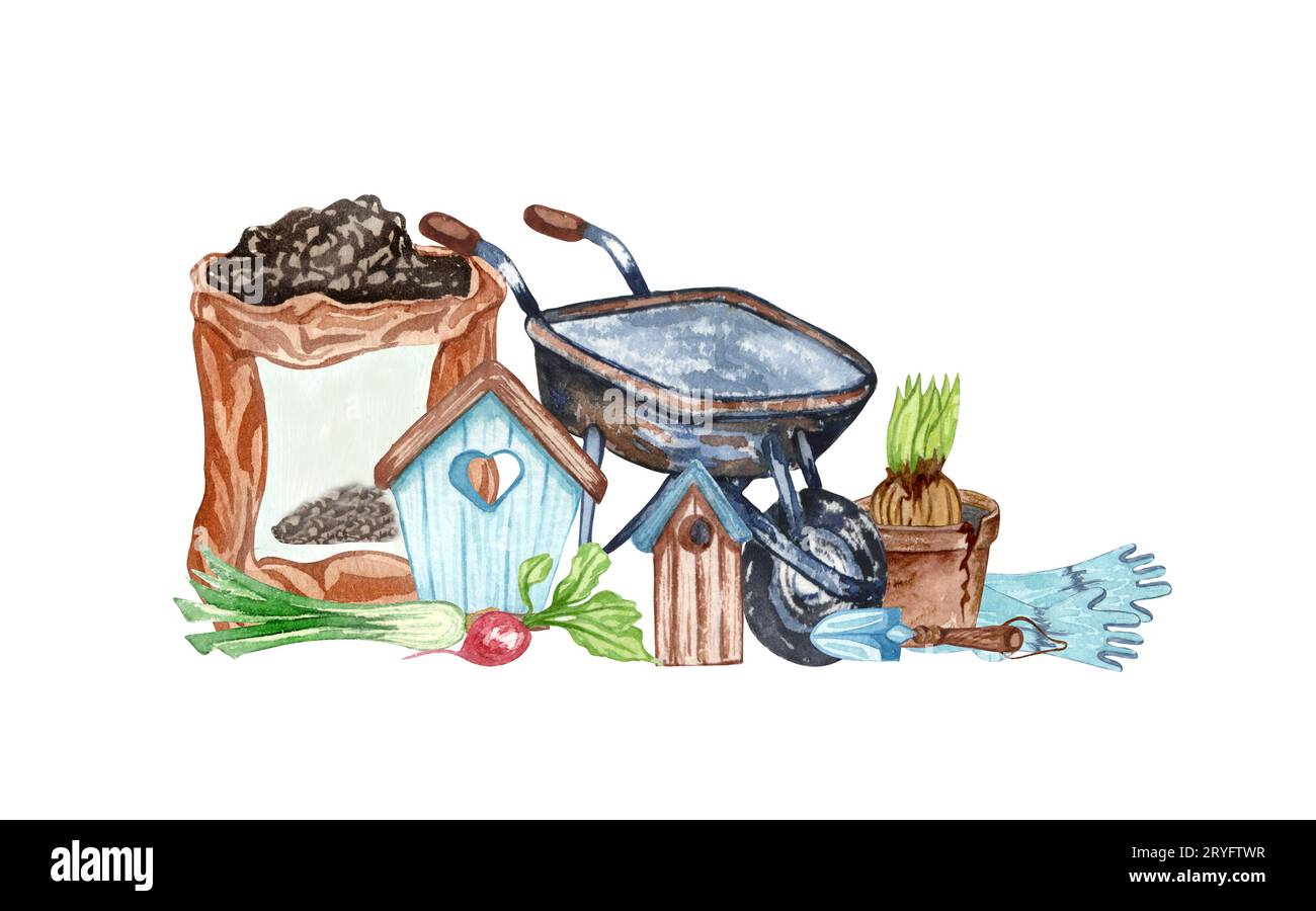 Watercolor set of garden objects a bag of mud, watering can, flowerpot ...