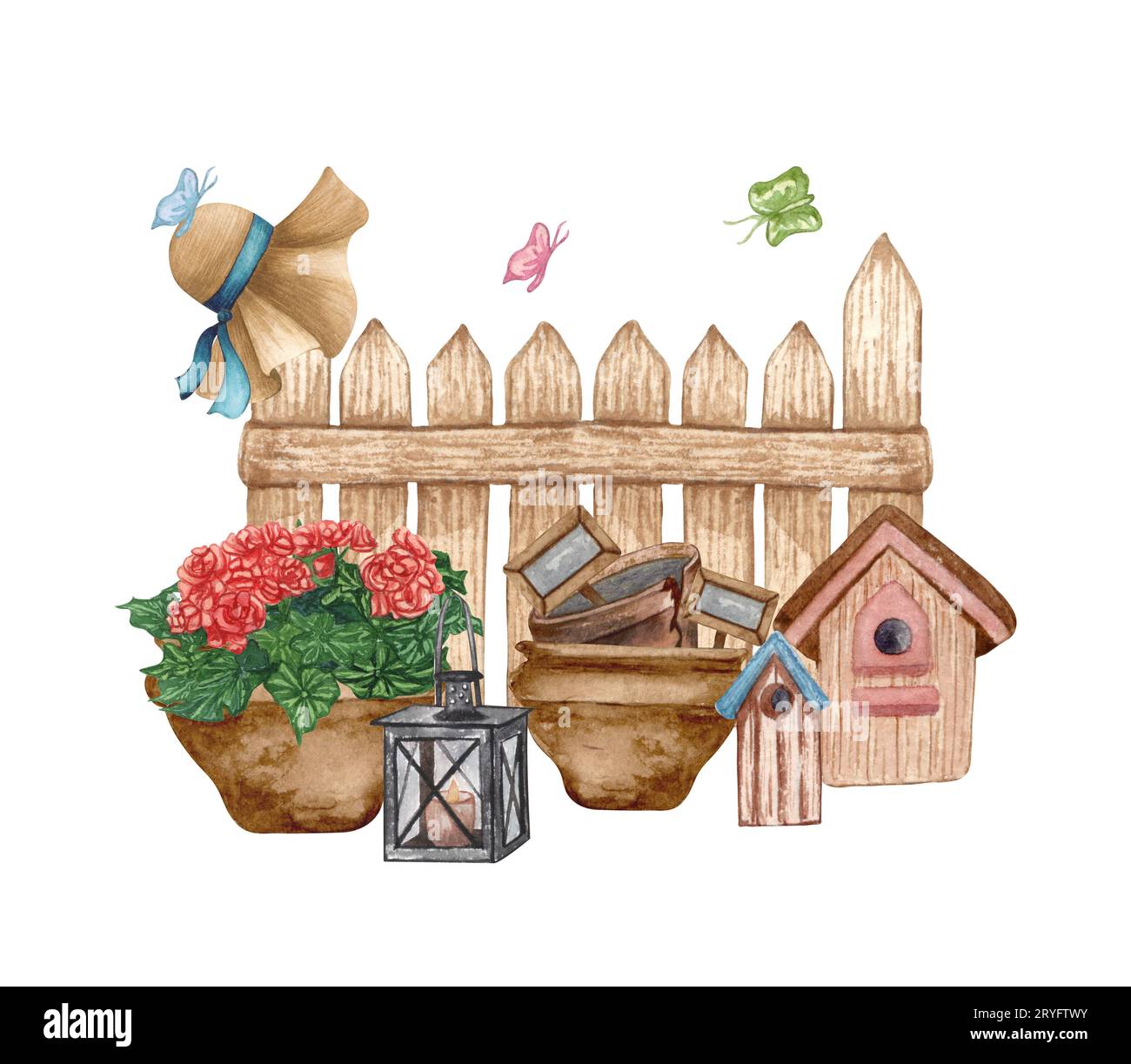 Watercolor set of garden objects birds feeder, flowerpot, cart, a hat ...