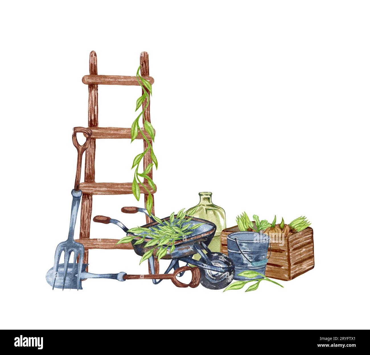 Watercolor set of garden objects a ladder, wooden box, , watering can ...
