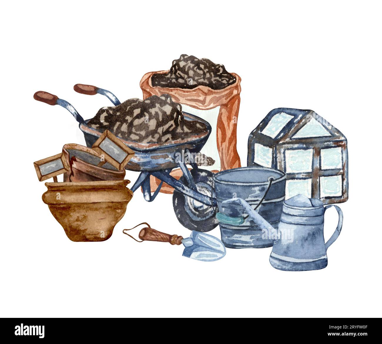 Watercolor set of garden objects a bag of mud, watering can, flowerpot ...