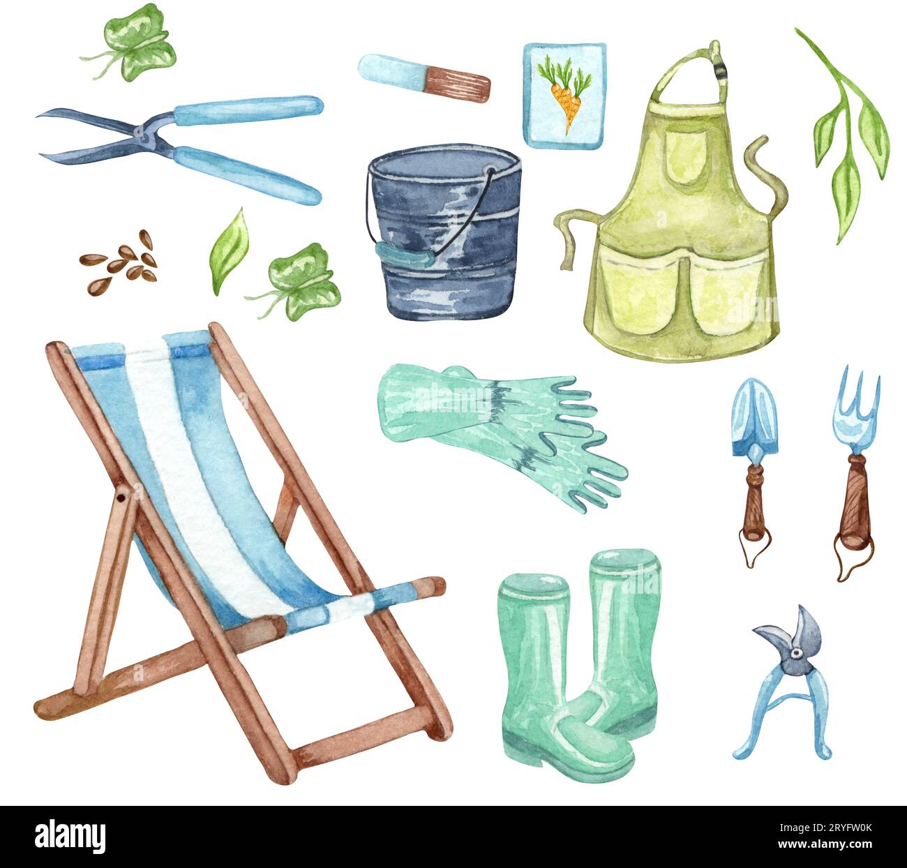 Watercolor set of garden objects apron, rubber boots, watering basket ...