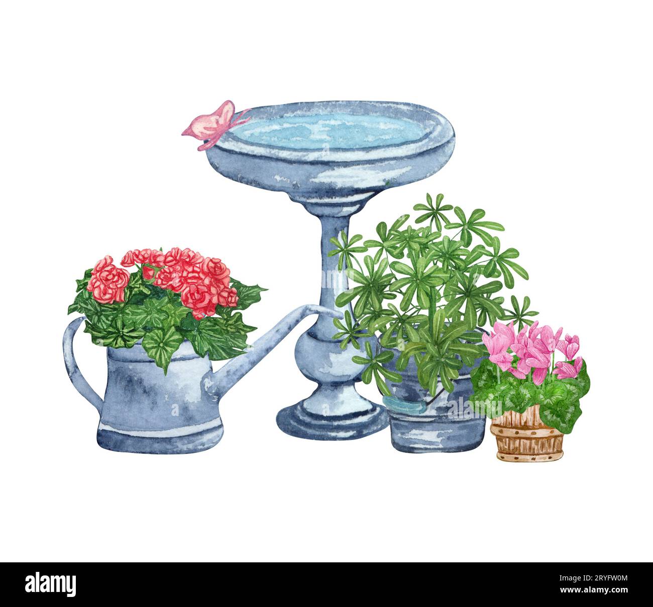 Watercolor set of garden objects bird feeder, watering can, flowerpot ...