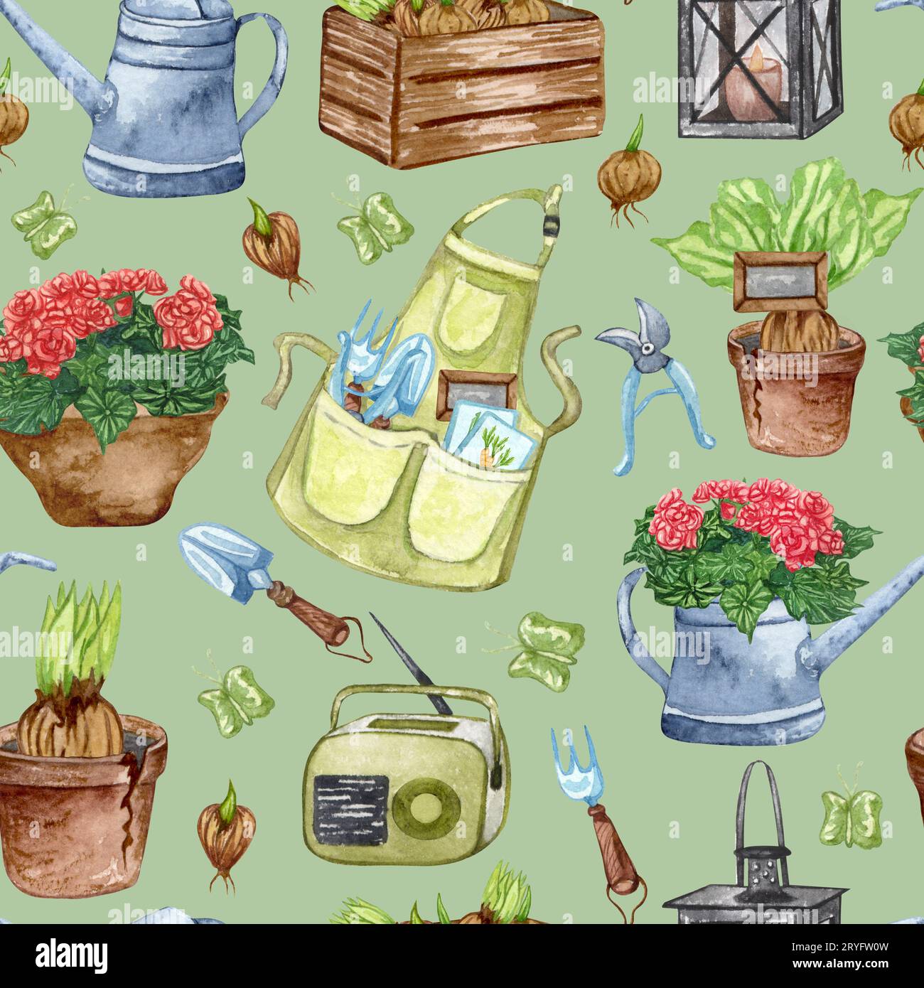 Watercolor seamless pattern of garden tool anf potted plants. Gardening ...
