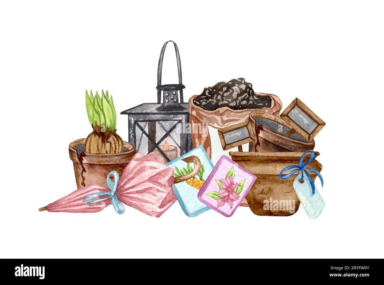 Watercolor set of garden objects a bag of mud, watering can, flowerpot ...