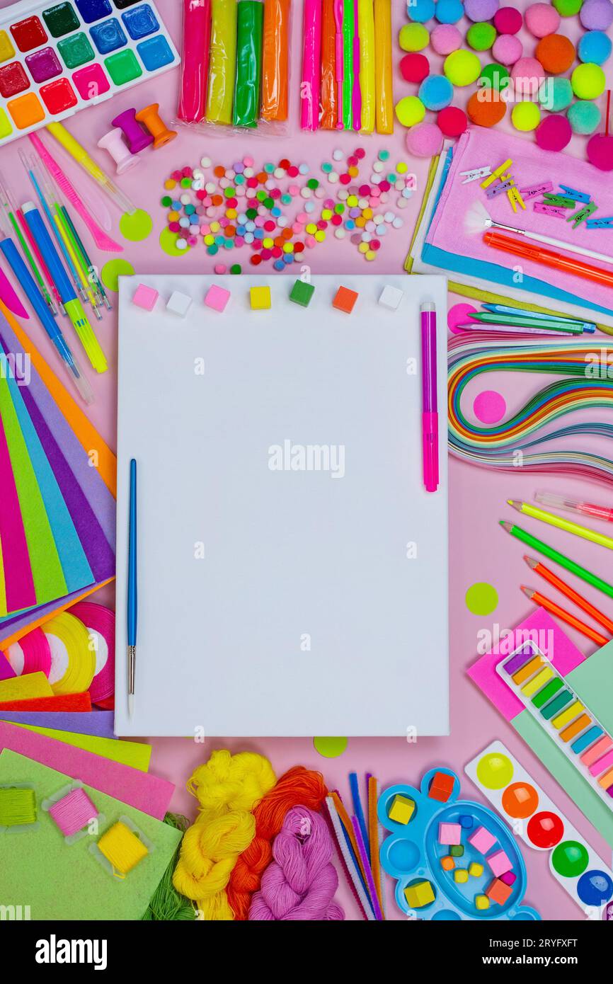 White canvas frame mock up template with creative artistic materials ...