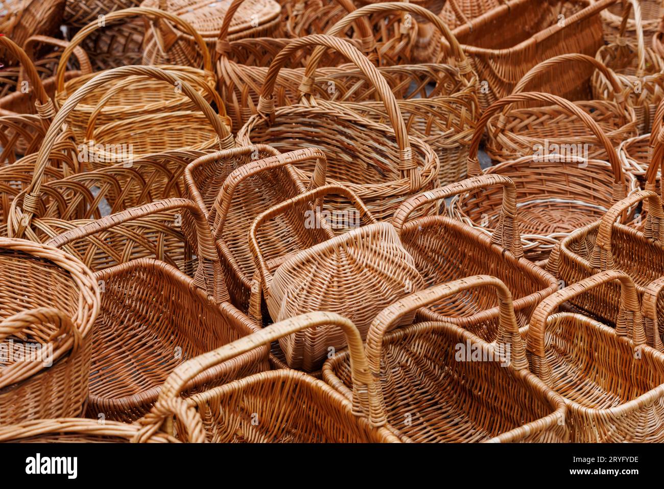 A lot of of many wicker baskets for sale - closeup full-frame ...