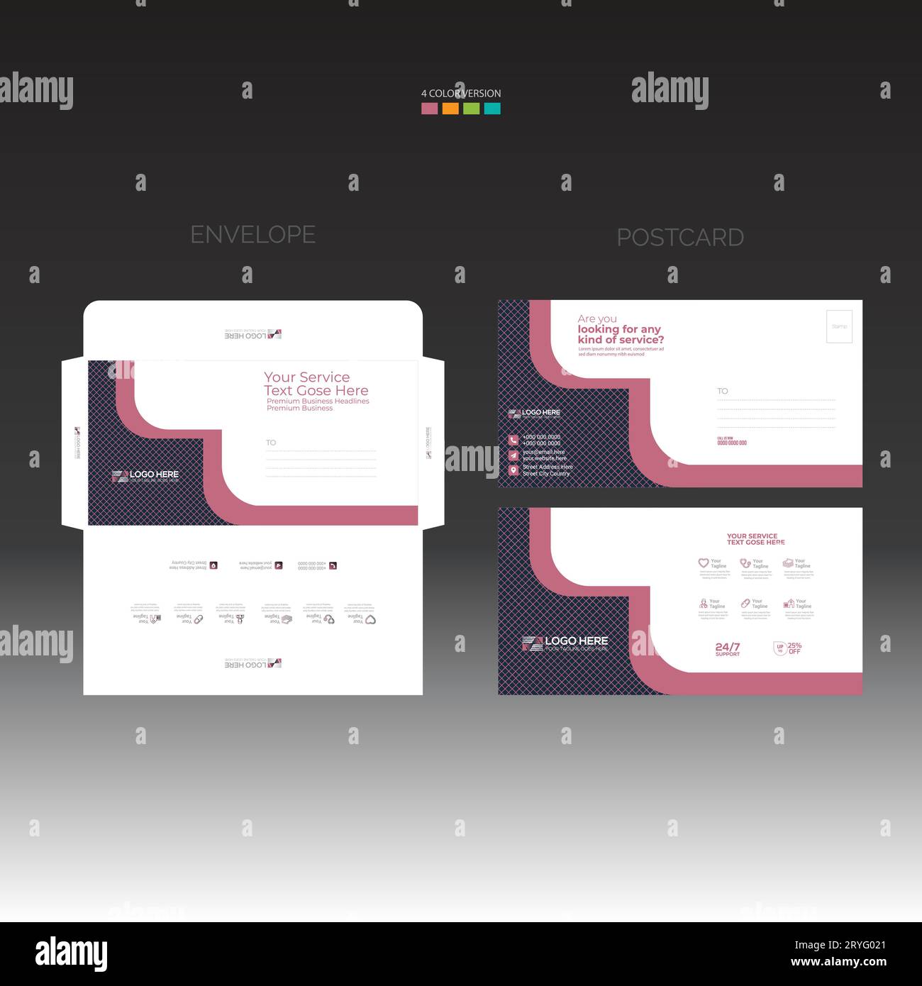 4 colored vector made envelope and postcard design for corporate and ...