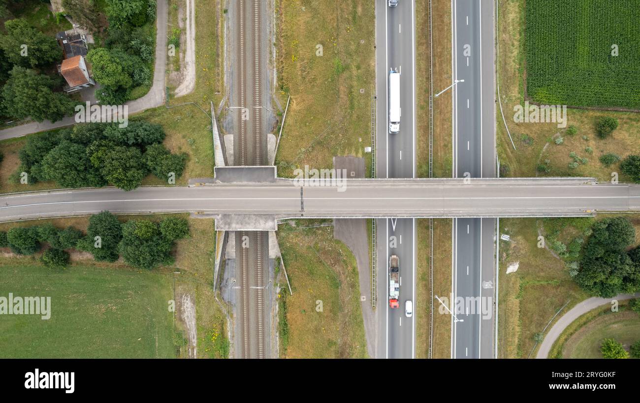 Aerial view of highway road junction. Highways, railroads, , bridge and ...