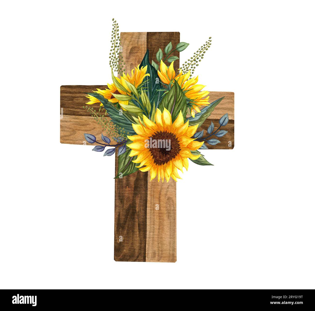 Sunflower floral cross. Easter illustration. Watercolor Wedding Cross ...