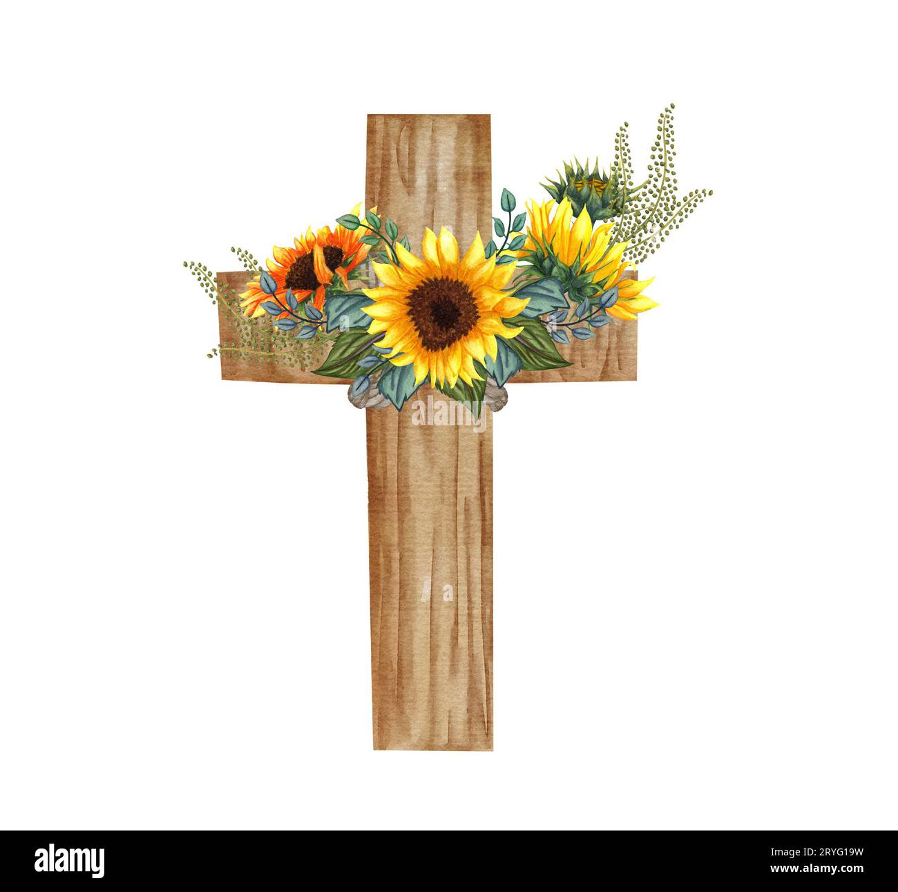 Sunflower floral cross. Easter illustration. Watercolor Wedding Cross ...