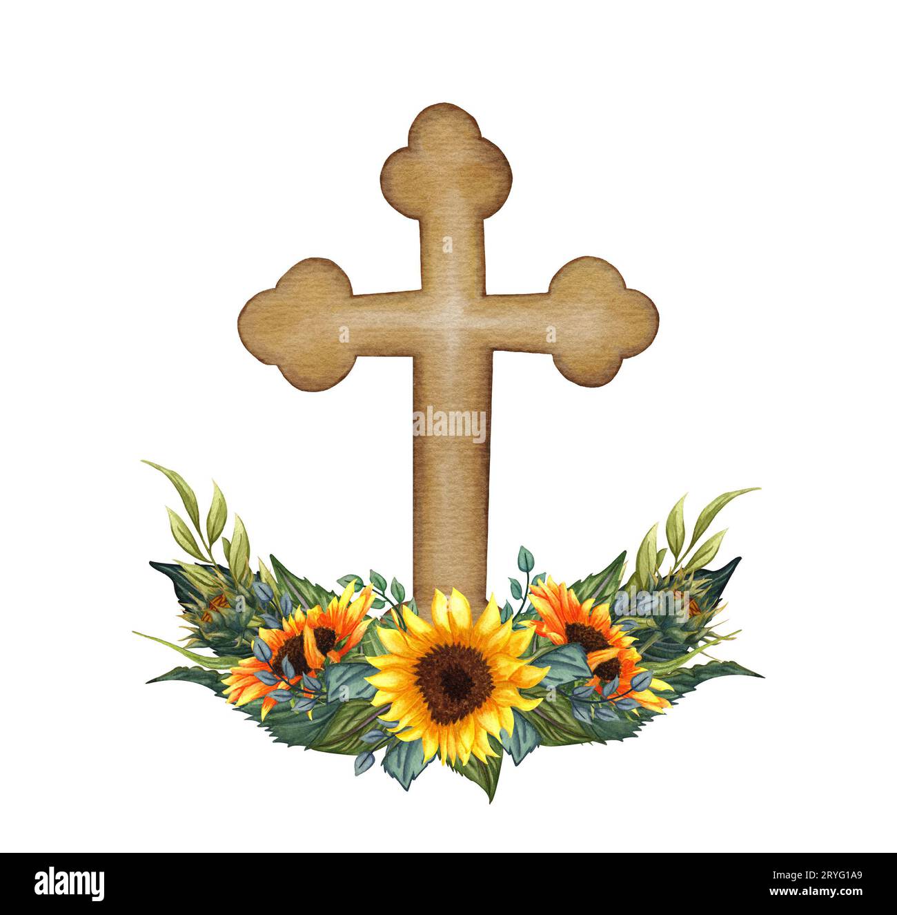 Sunflower floral cross. Easter illustration. Watercolor Wedding Cross ...