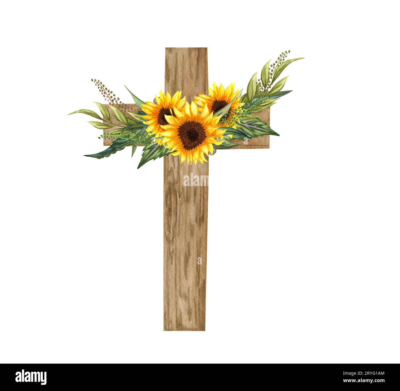 Sunflower floral cross. Easter illustration. Watercolor Wedding Cross ...