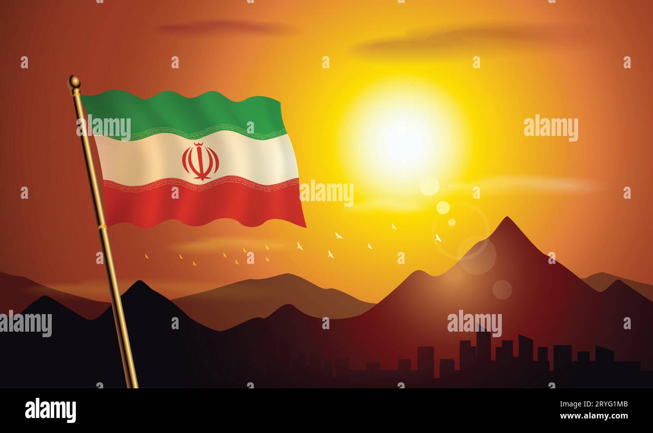 Iran flag with sunset background of mountains and lakes Stock Vector ...