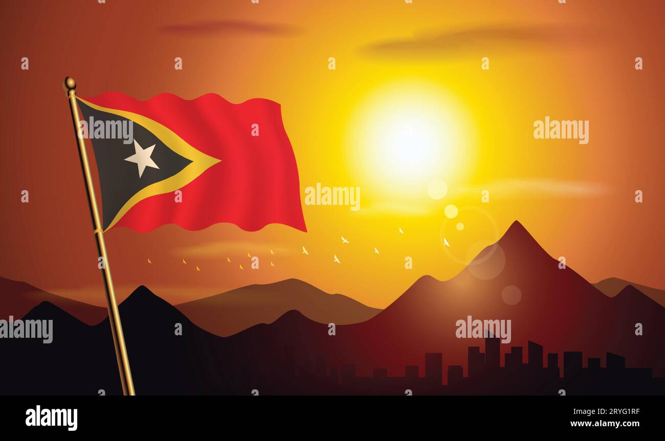East Timor flag with sunset background of mountains and lakes Stock ...