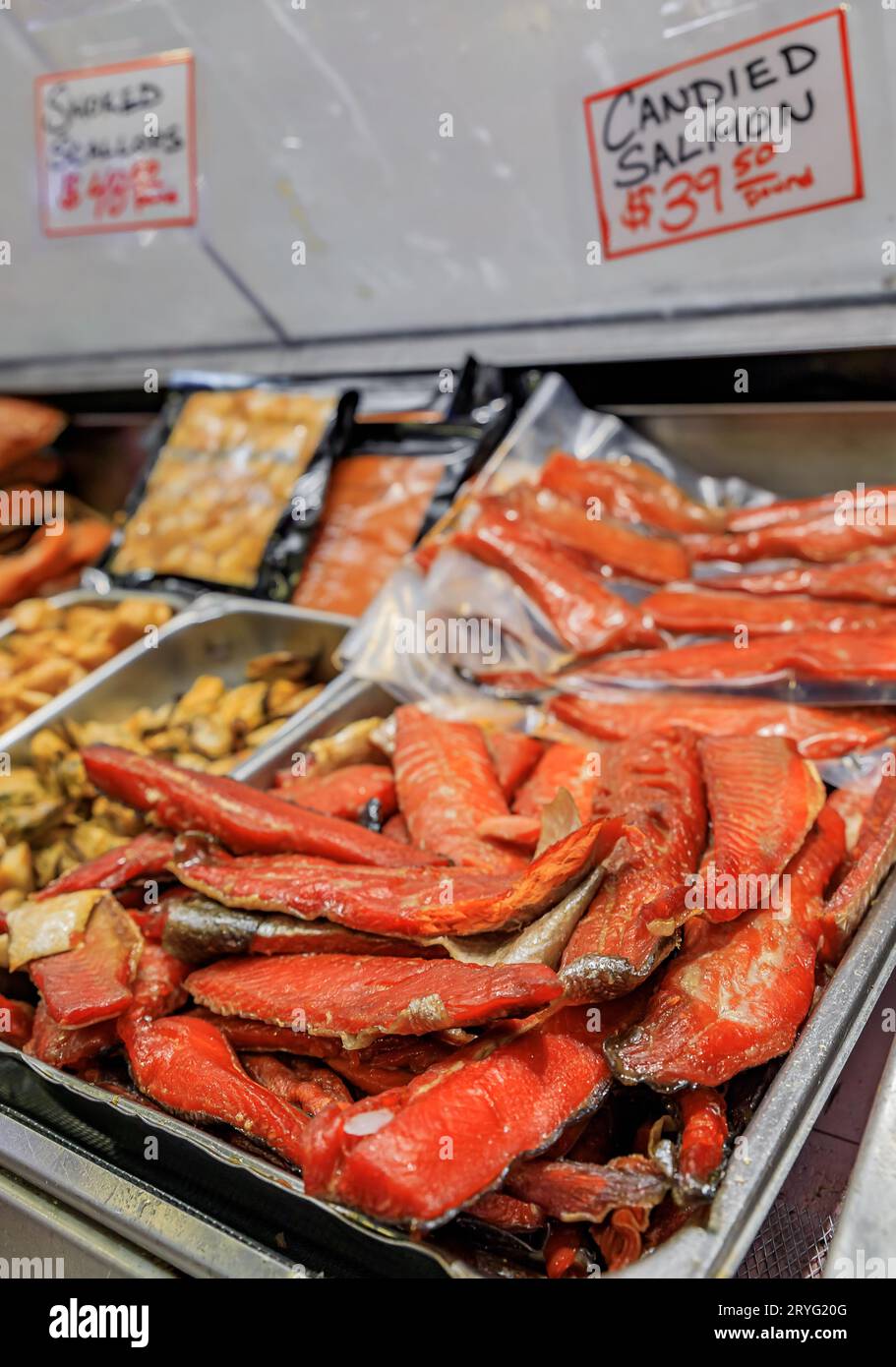 Smoked candied salmon fillet for sale at the famous Pike Place Market ...
