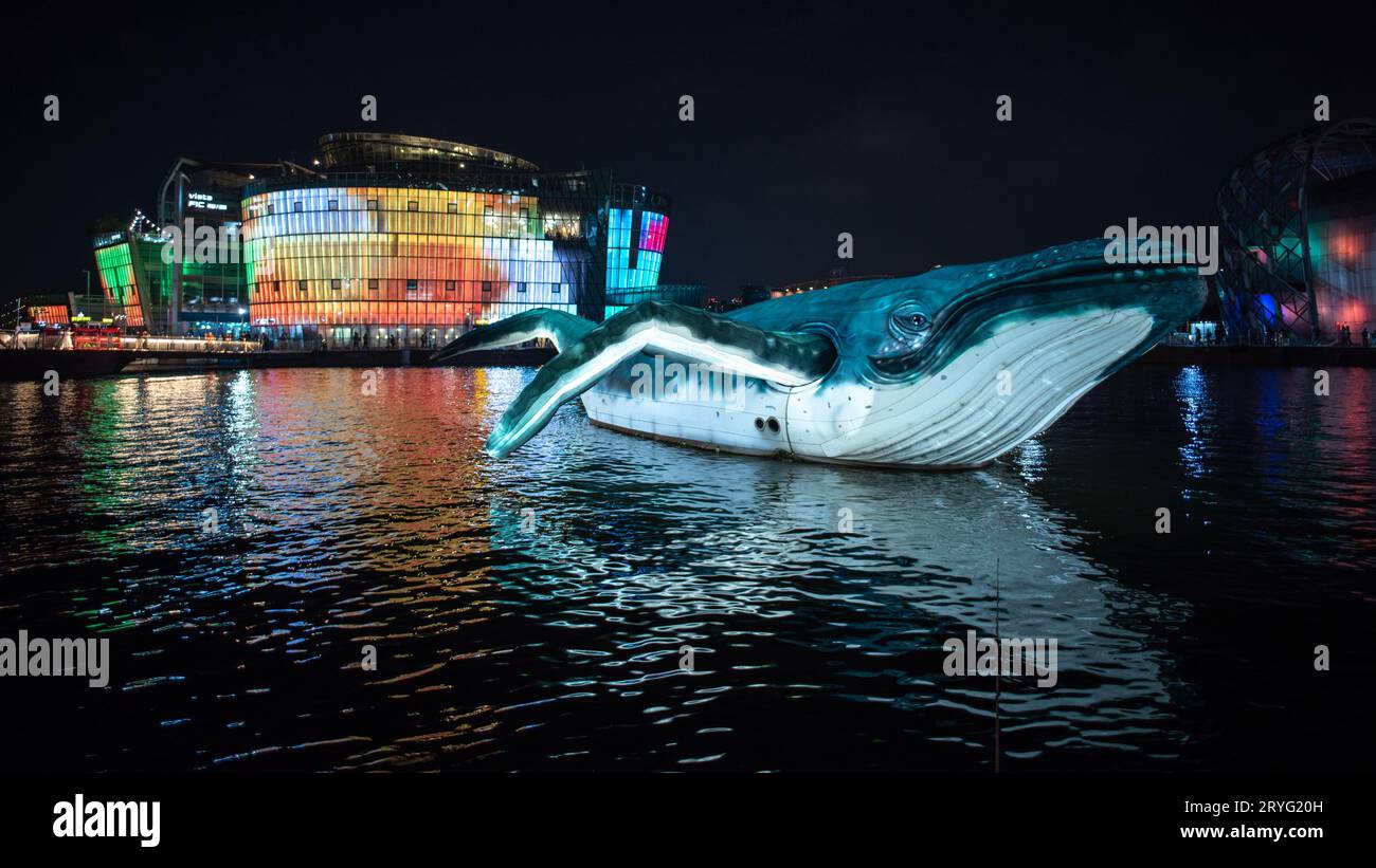 Sebitseom Seoul Floating Islands illuminated at night in Han river in Seoul, South Korea on 30 ...