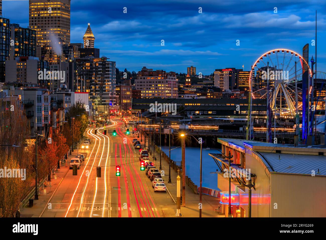 Seattle waterfront skyline with a view over the Great Wheel, the Puget ...