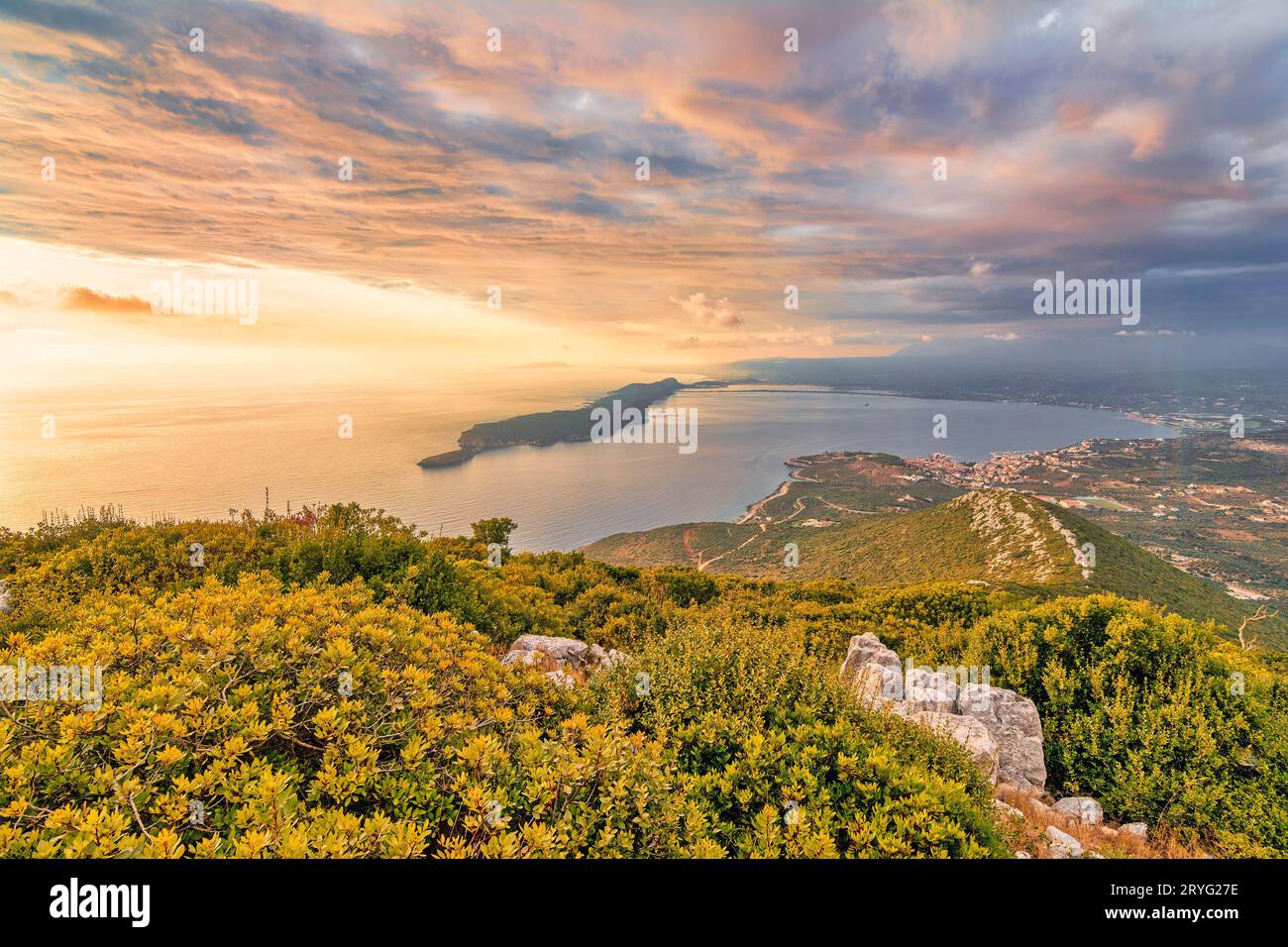 Top view of the iconic and picturesque town of Pylos and of the nearby ...