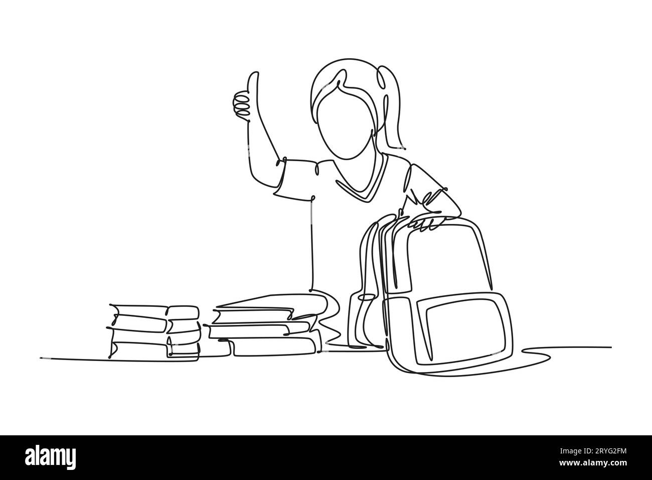 Single one line drawing young happy elementary school girl student ...