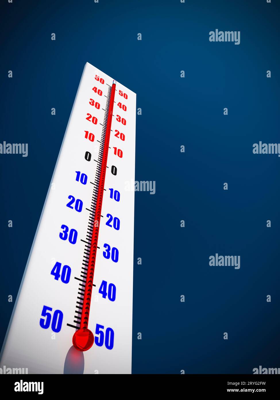 Outdoor thermometer close-up against the sky shows high air temperature ...