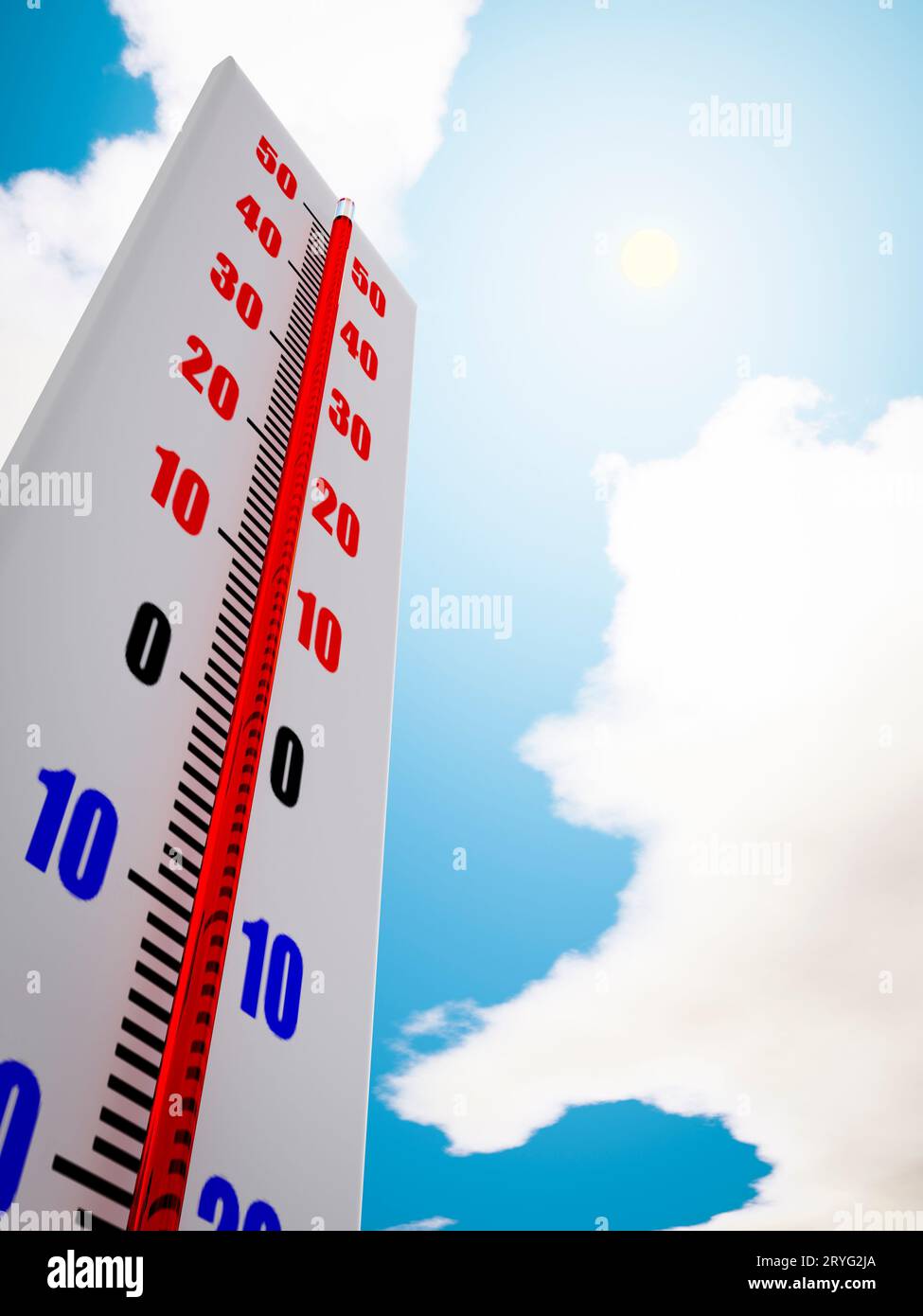 Outdoor thermometer close-up against the sky shows high air temperature ...