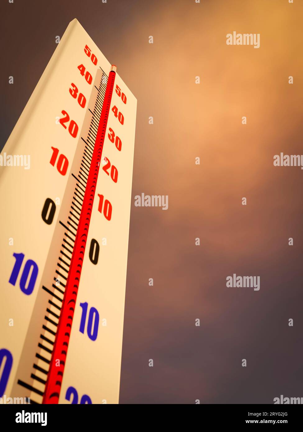 Outdoor thermometer close-up against the sky shows high air temperature ...