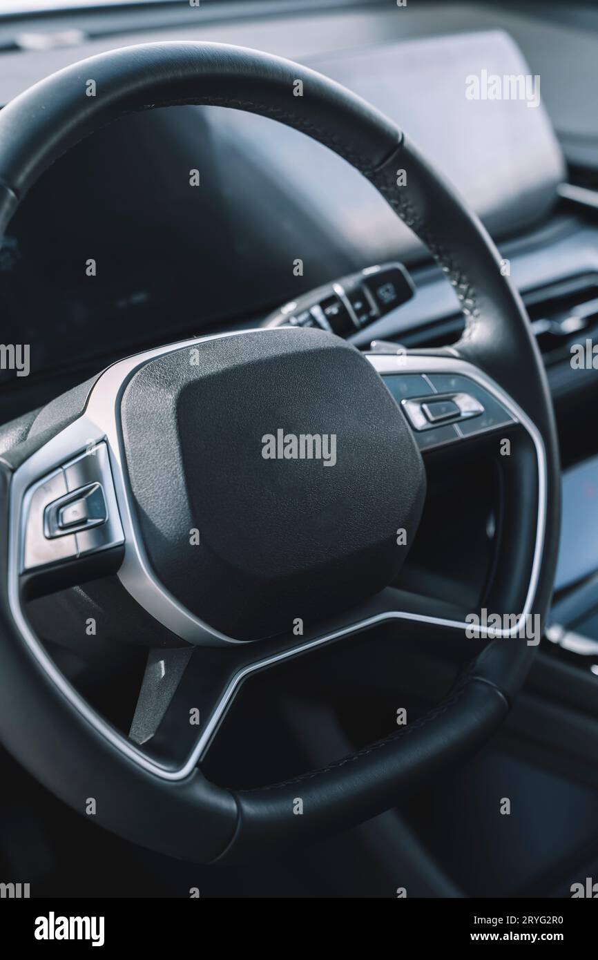 Car interior with auto dashboard panel. New automobile carbon cabin ...