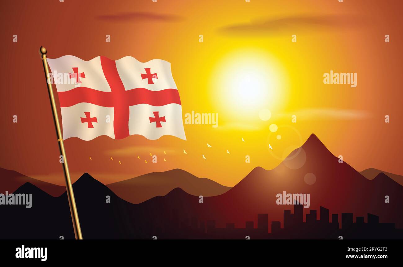 Georgia Republic flag with sunset background of mountains and lakes ...