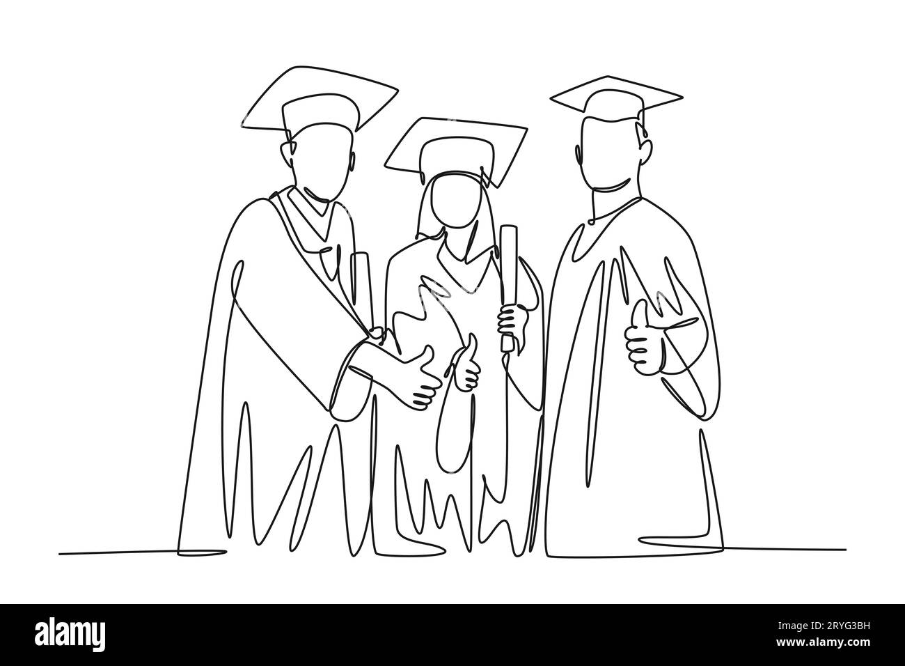Continuous one line drawing group of young happy graduate male and ...