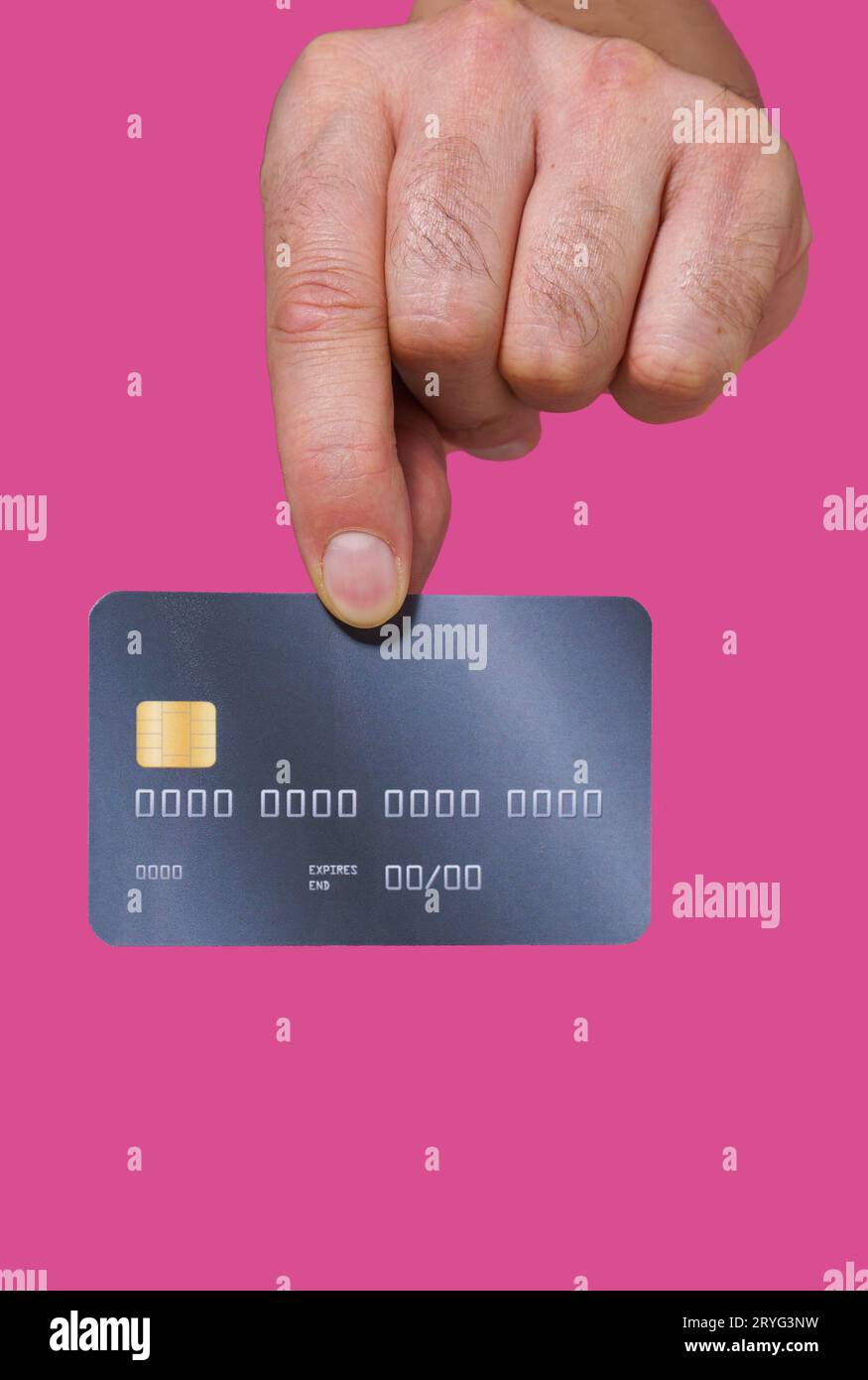 Close up, man hand holding credit, debit bank card with two fingers ...