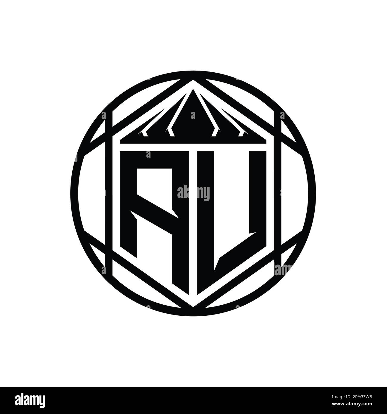 AU Letter Logo monogram hexagon slice crown sharp shield shape isolated ...
