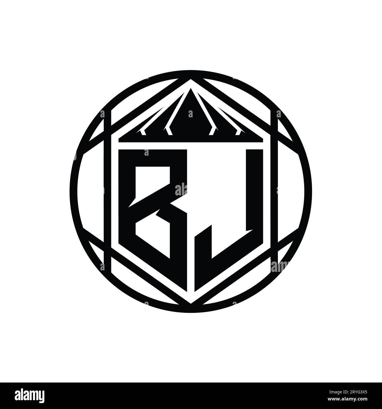 BJ Letter Logo monogram hexagon slice crown sharp shield shape isolated circle abstract style ...