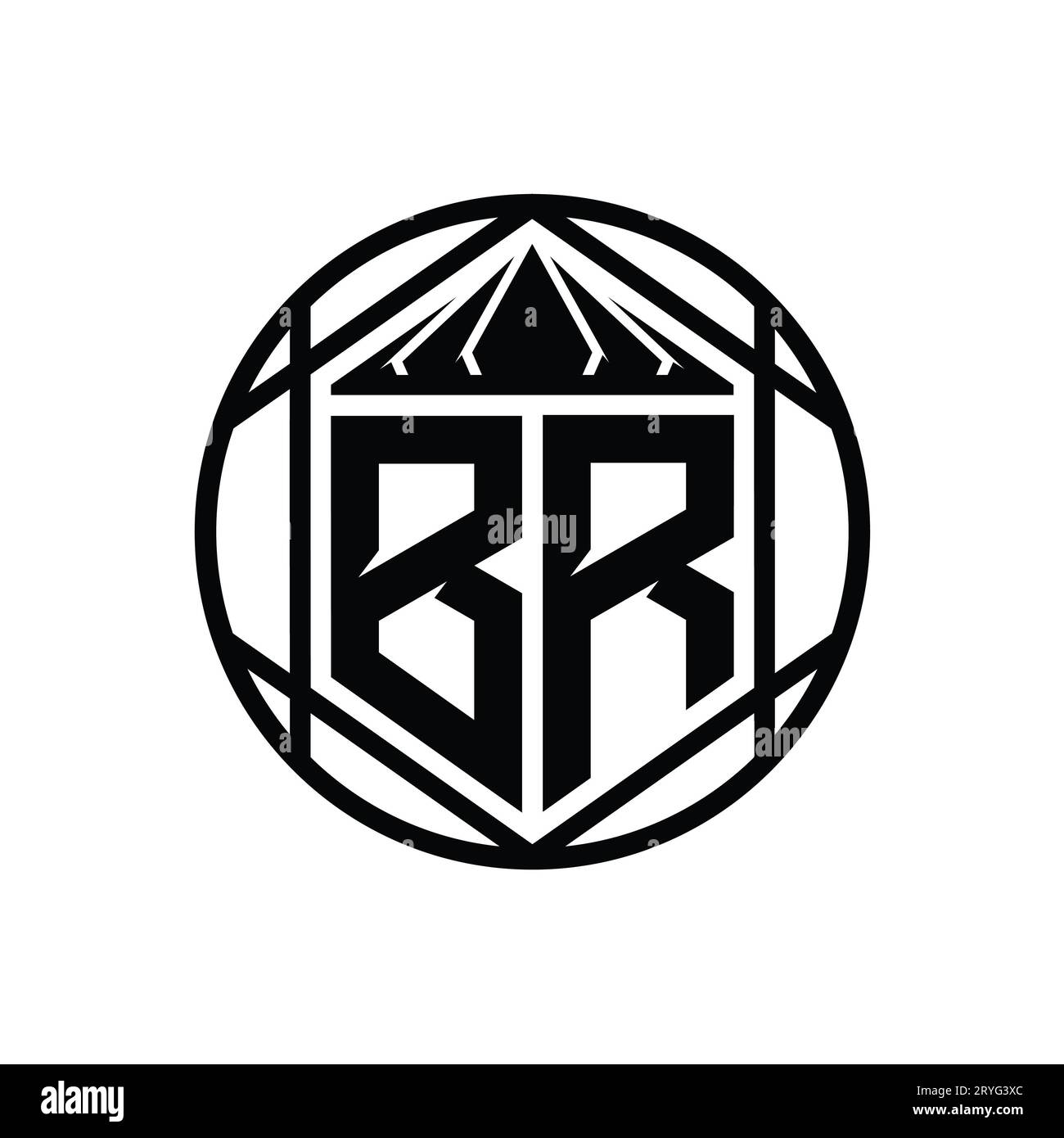 BR Letter Logo monogram hexagon slice crown sharp shield shape isolated ...