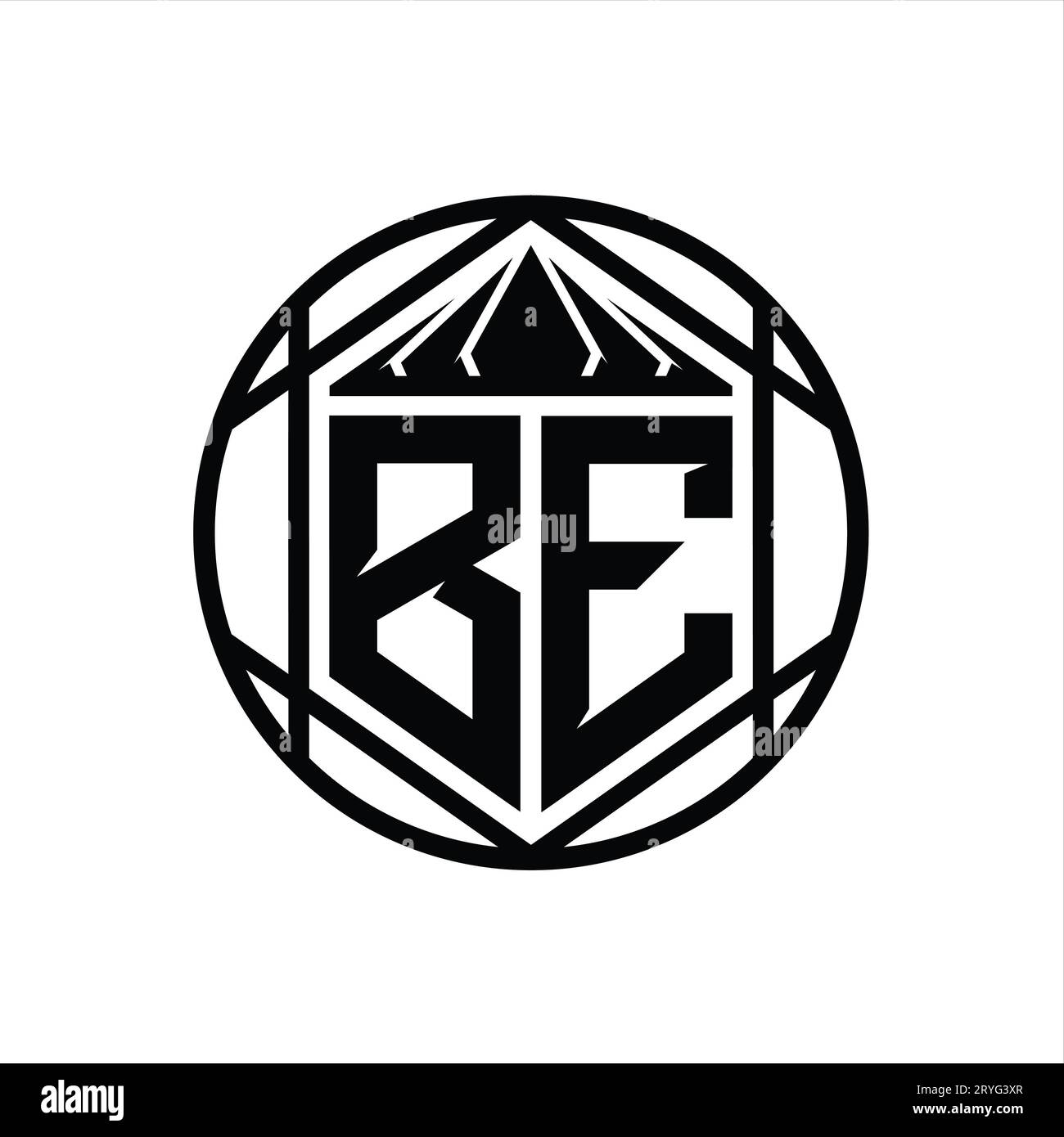 BE Letter Logo monogram hexagon slice crown sharp shield shape isolated ...